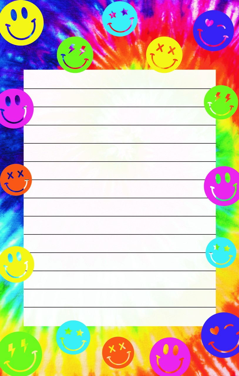 CAMP NOTEPAD-VIBRANT SPIRAL TIE DYE WITH SMILEY FACES